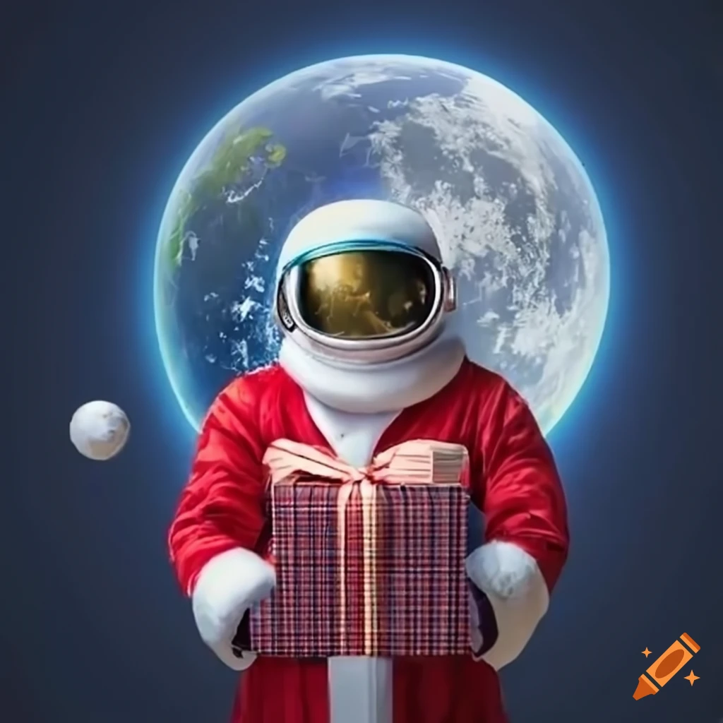 Santa astronaut with christmas gift in front of earth and moon ...