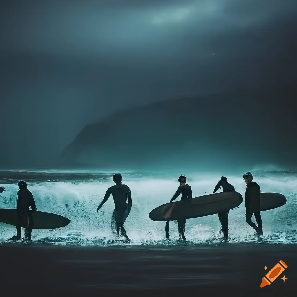 Surfers riding a wave under a dramatic night storm on Craiyon
