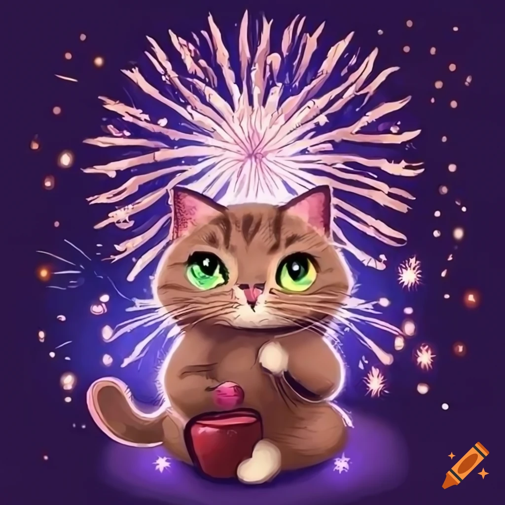 Cute kitty in front of a Christmas tree with fireworks in the ...