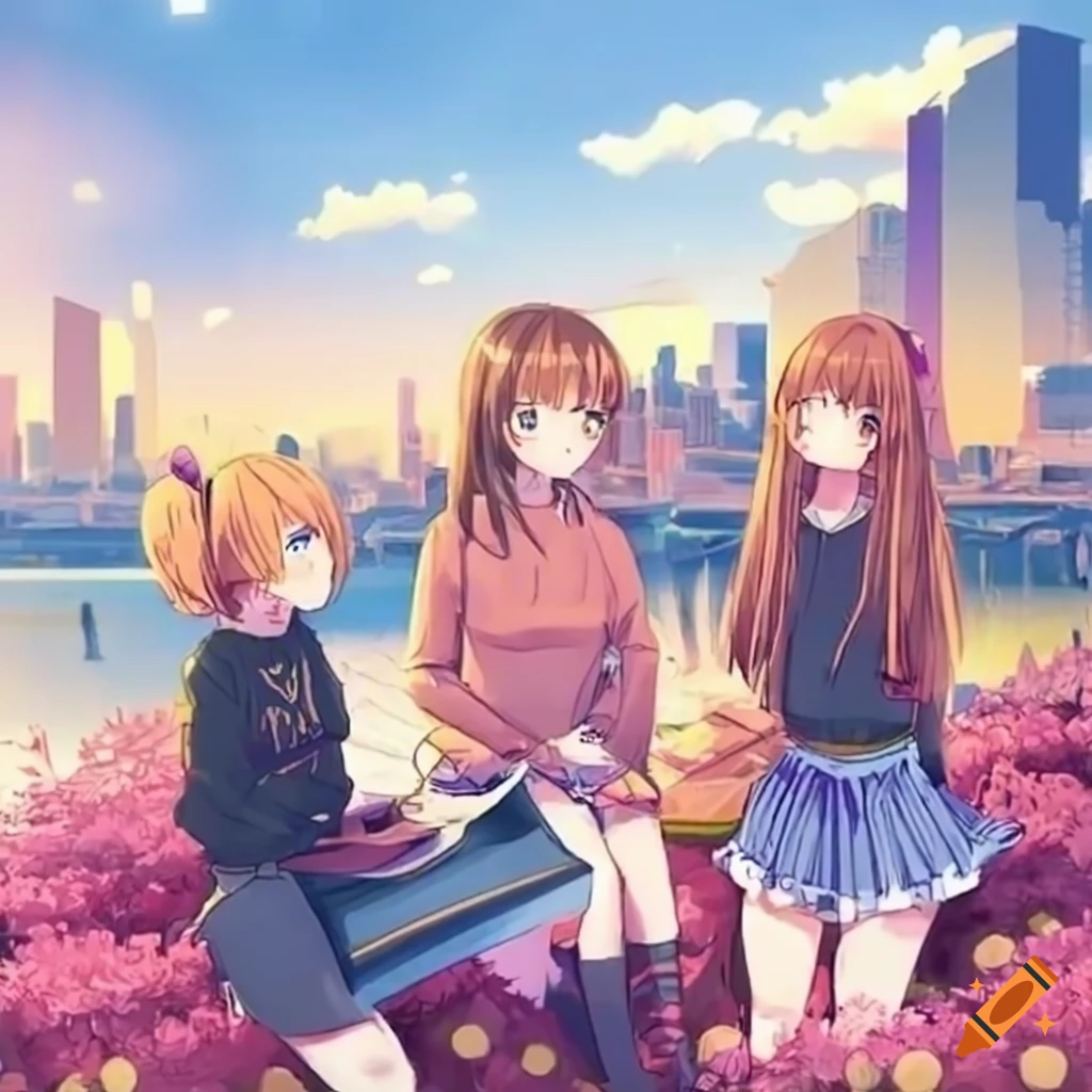 Group of anime girls studying under a blooming garden with harbor ...