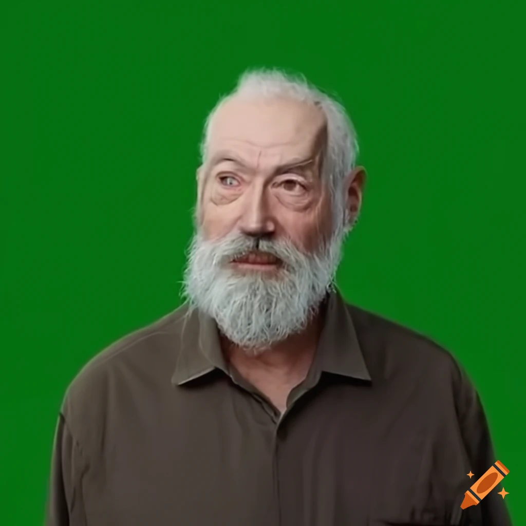 Man in his 50s with a short white beard in front of a green screen on ...