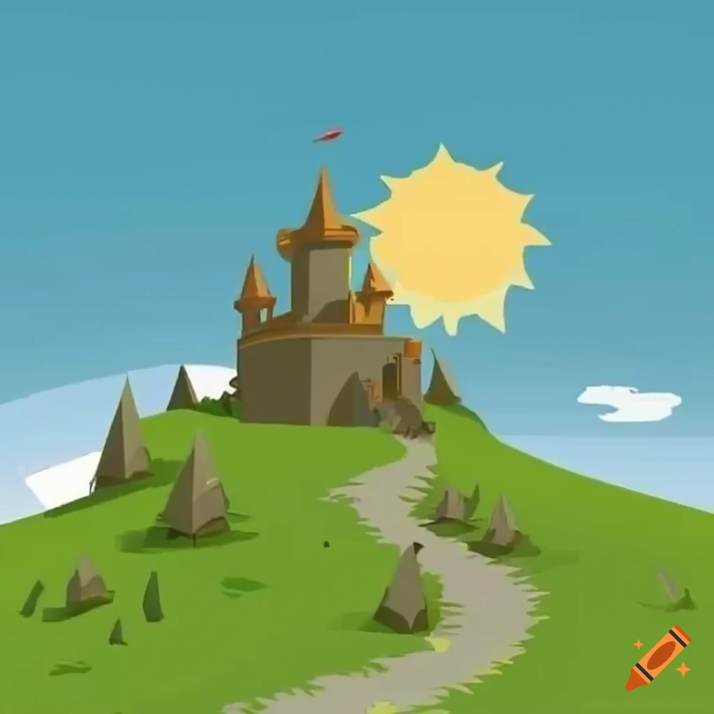 Simple cartoon landscape with a path leading to a small castle atop a ...