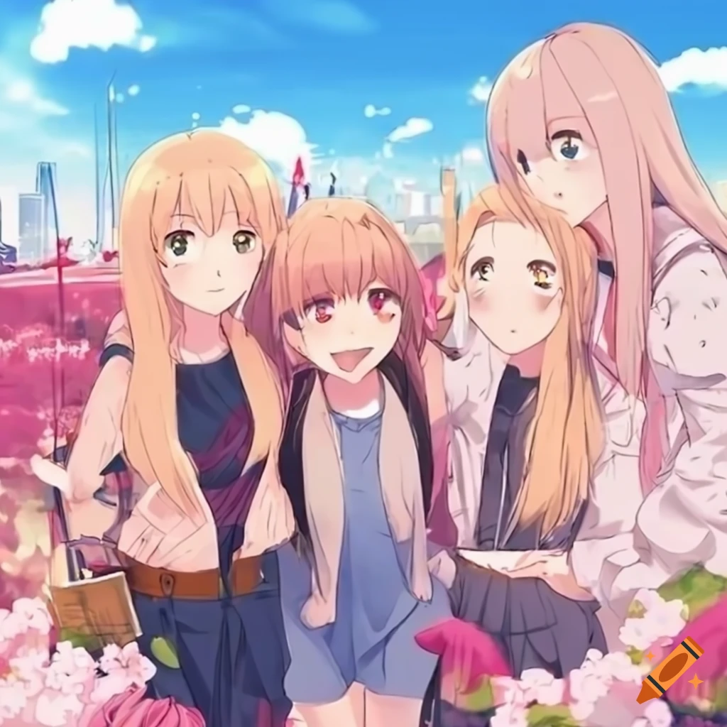 Group of anime girls studying under a blooming garden with harbor ...