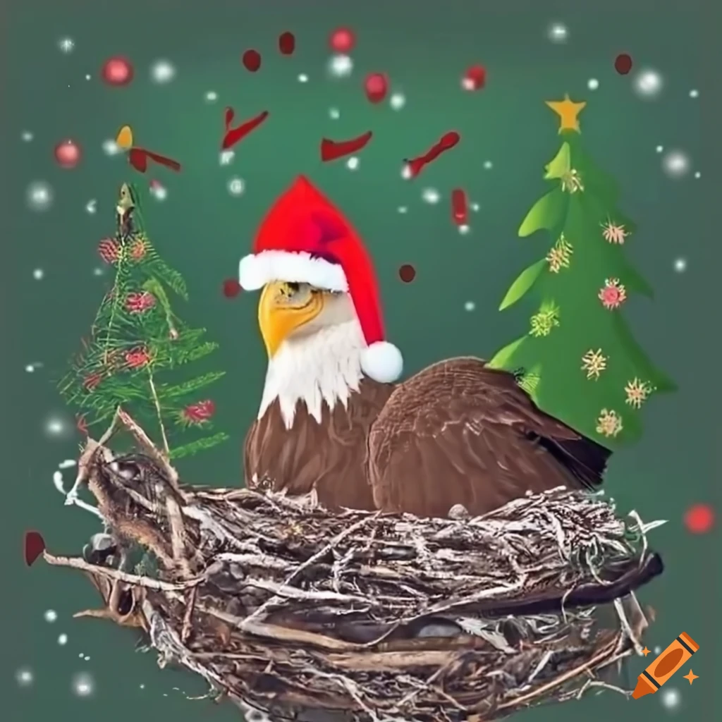 Bald eagle with santa hat in giant nest wishing merry christmas and ...