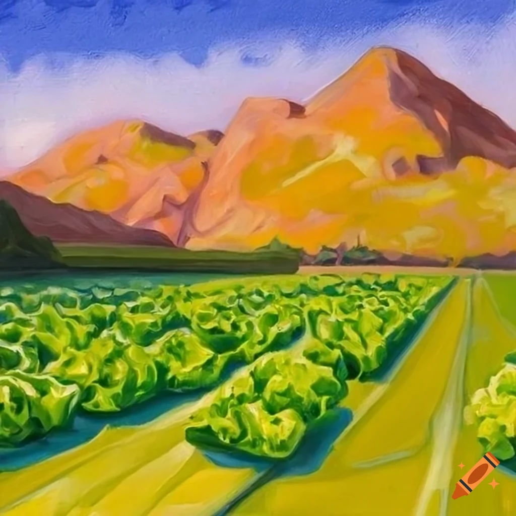 Realism style painting of a lettuce farm in a california valley on Craiyon