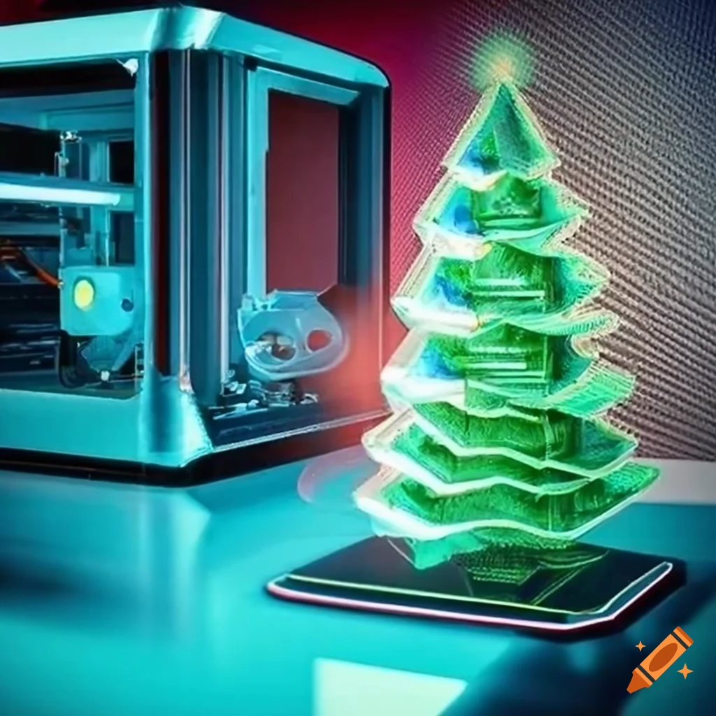 Christmas tree being 3D printed in celebration of future manufacturing on Craiyon