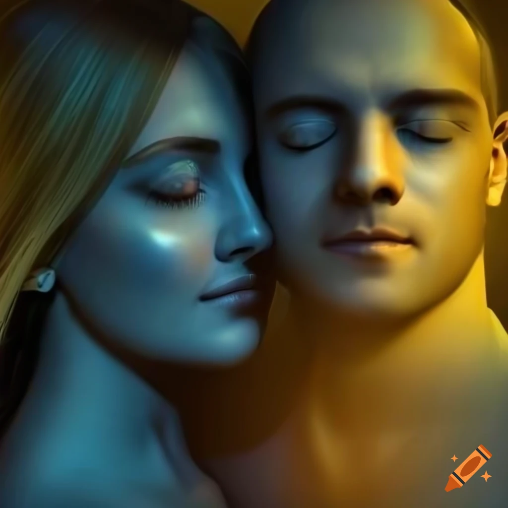 Photorealistic man and woman with closed eyes, rainbows and reflections ...