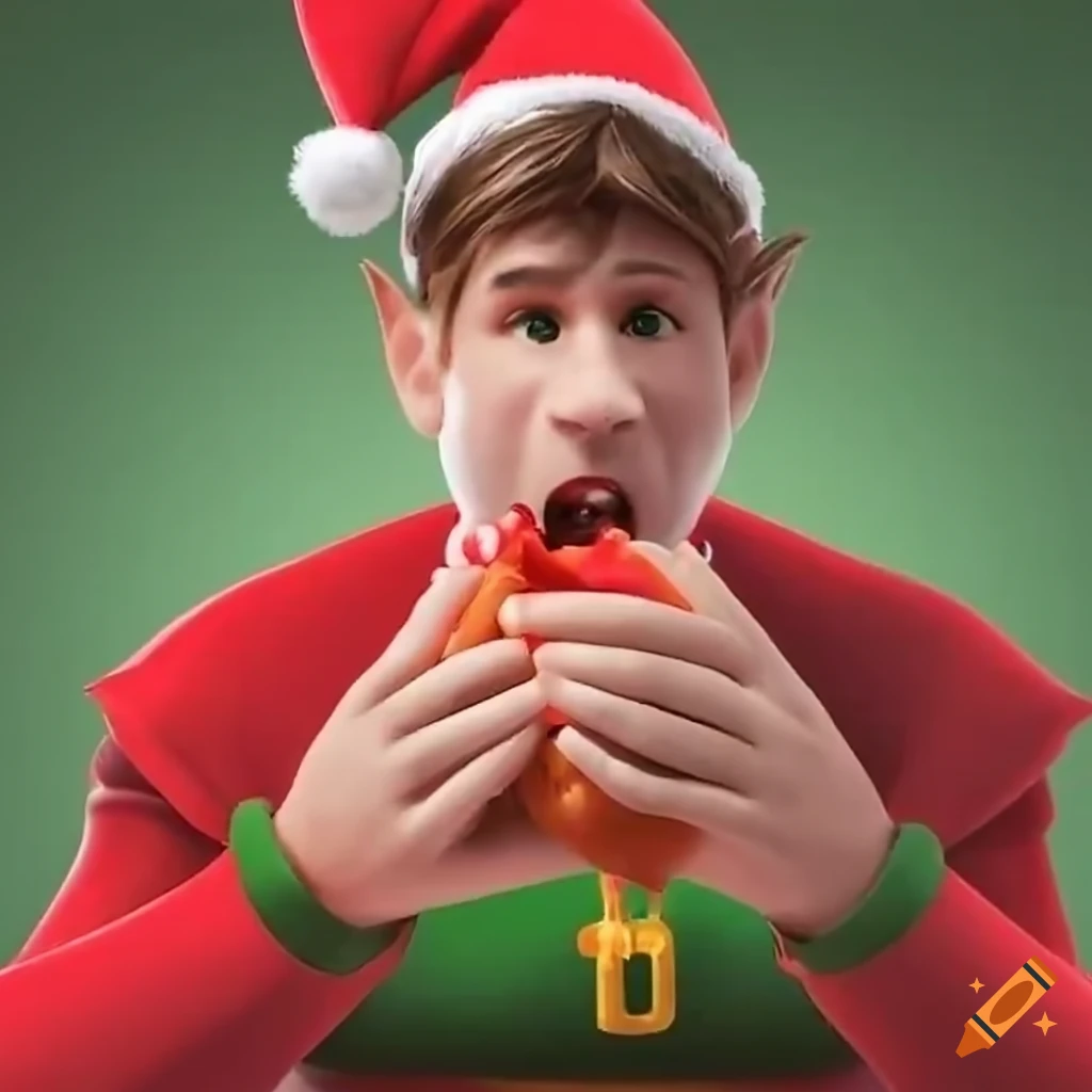 Christmas elf enjoying a chicken meal on Craiyon