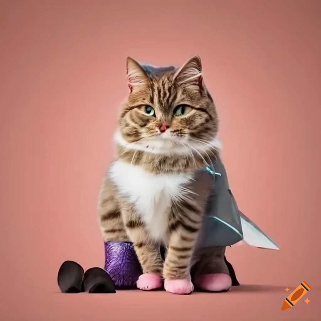 Fluffy cat standing on two paws in a raincoat and boots on Craiyon