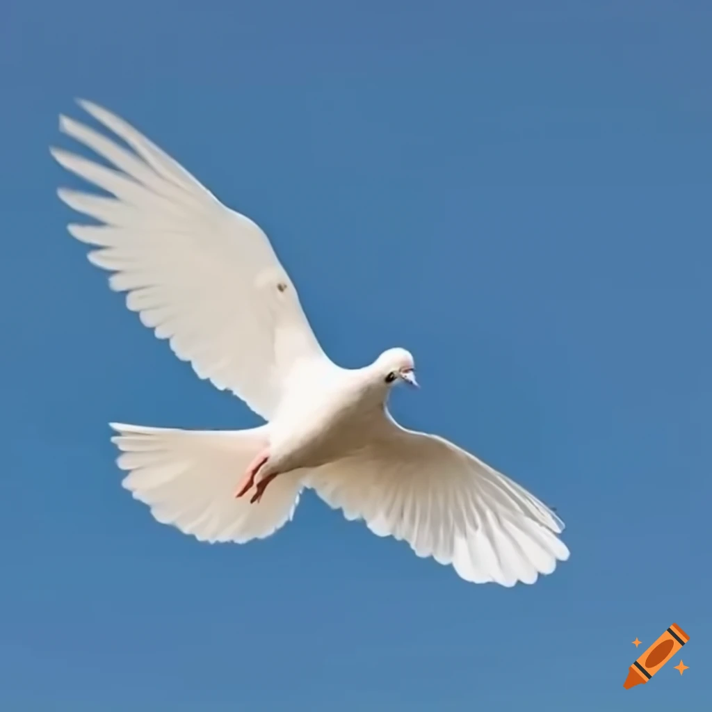 Beautiful white dove flying in a clear blue sky on Craiyon