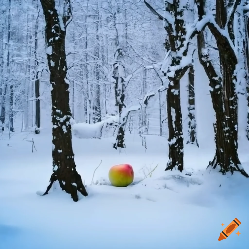 Snowy forest with an apple on Craiyon