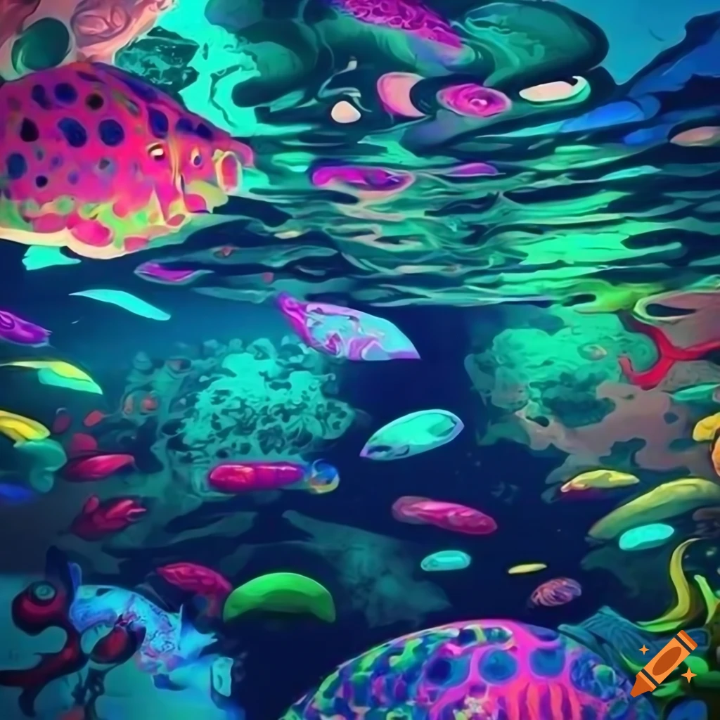 Psychedelic underwater ocean background with vibrant colors on Craiyon