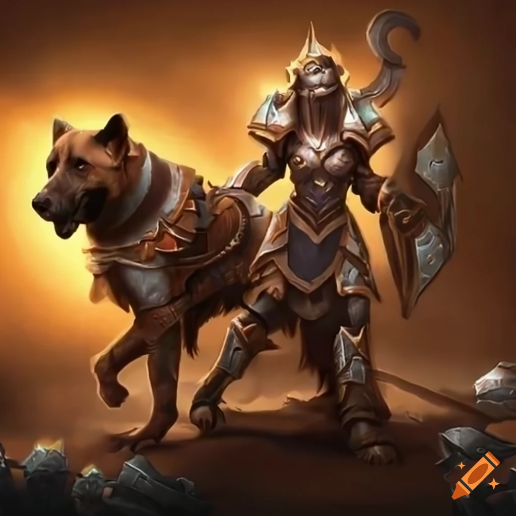 Brown dog in warcraft armor on battlefield on Craiyon