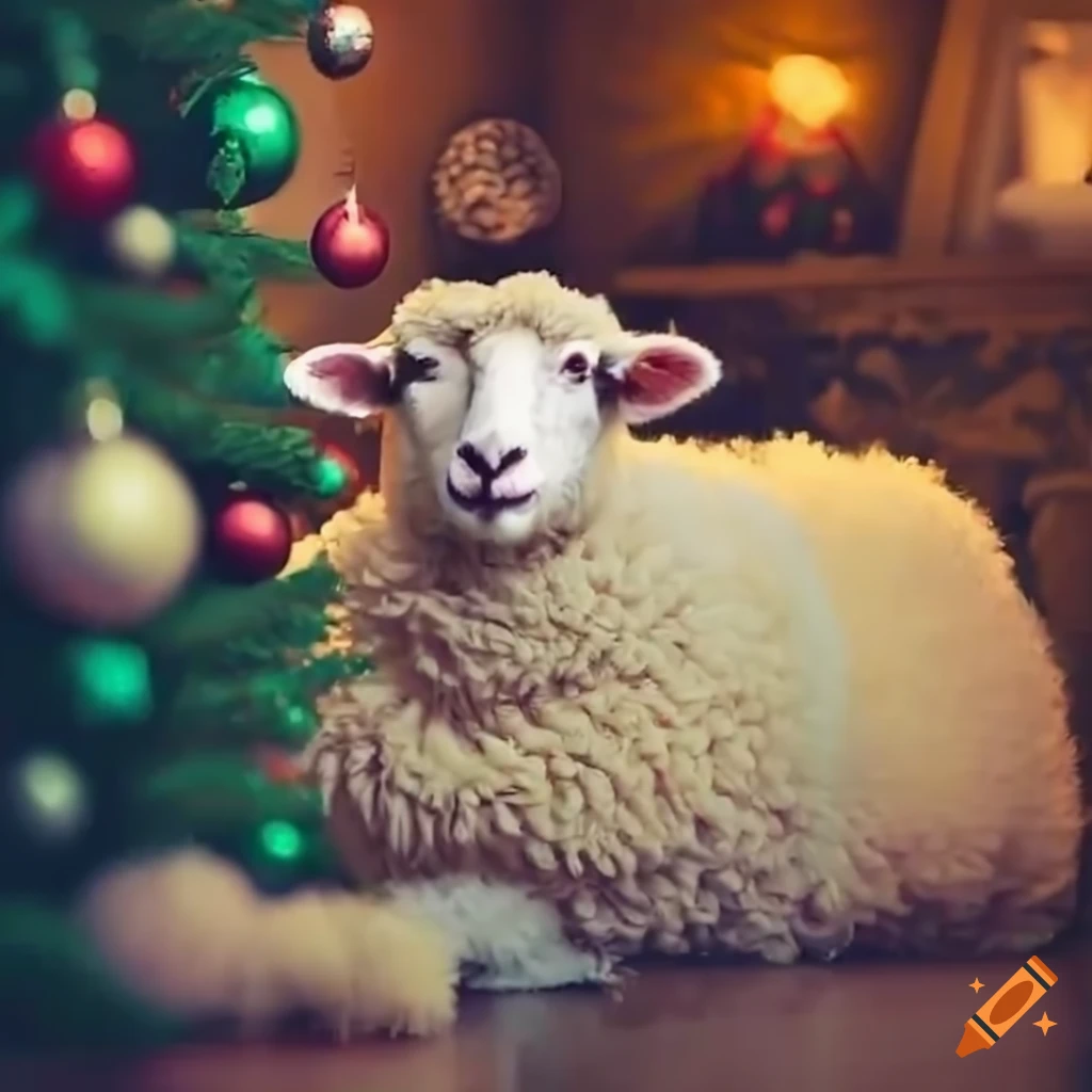 Fluffy white sheep in front of a beautifully decorated christmas tree ...