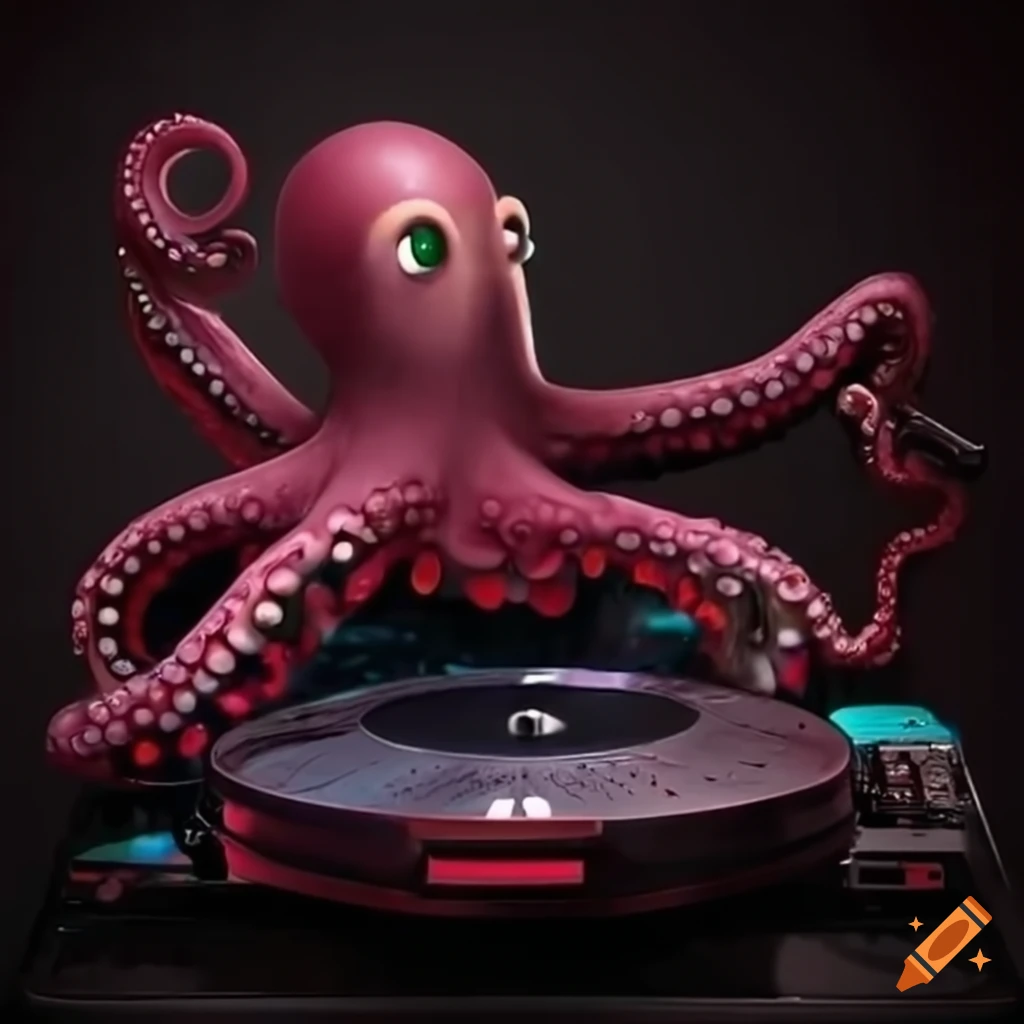 Octopus dj playing a turntable with special effects on Craiyon