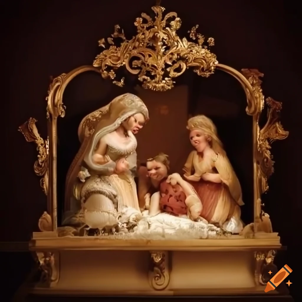 Baroque christmas crib with expressive detail and two mothers on Craiyon