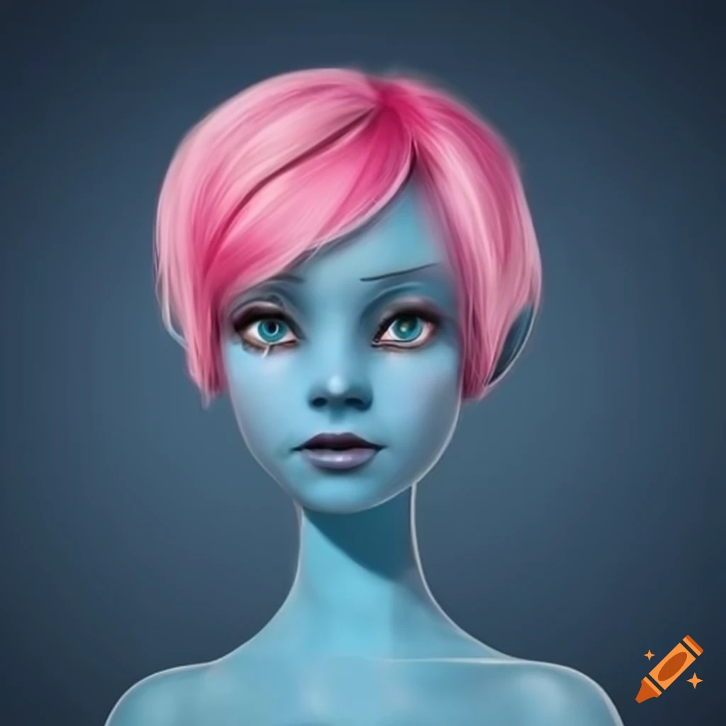 Humanoid princess with short pink hair and light blue skin on Craiyon