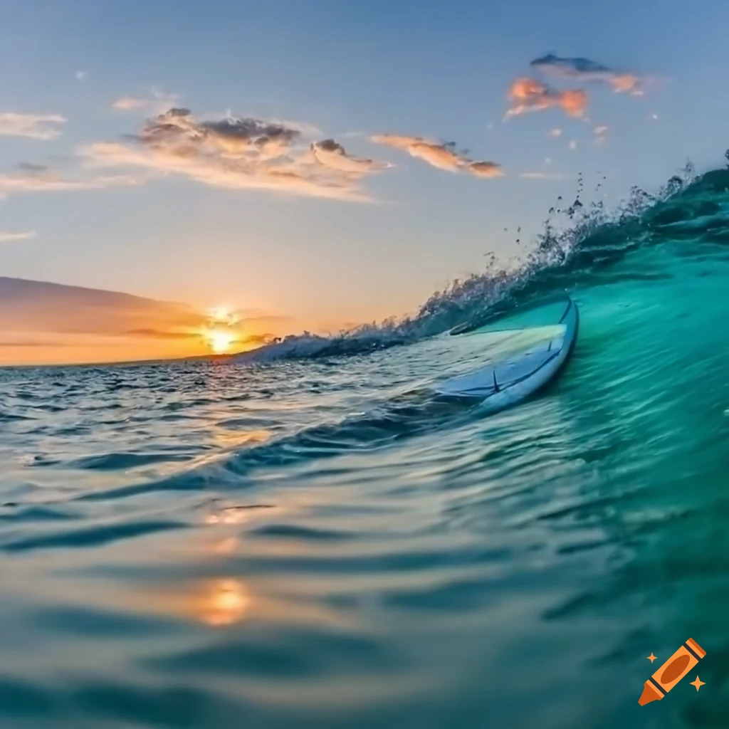 Surfboard on the sea with sunset lighting in a realistic close-up shot ...