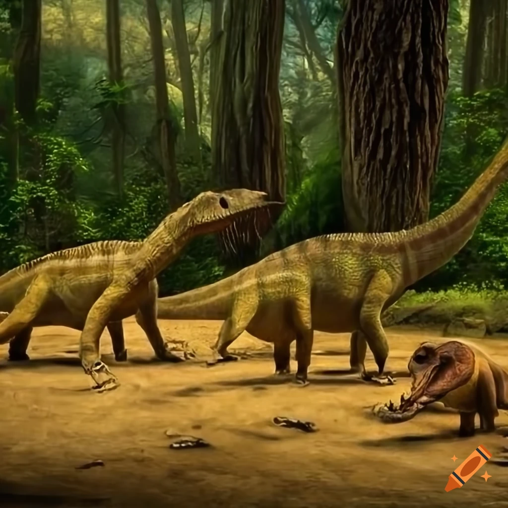 Plateosaurus herd in a triassic landscape with coelophysis on Craiyon