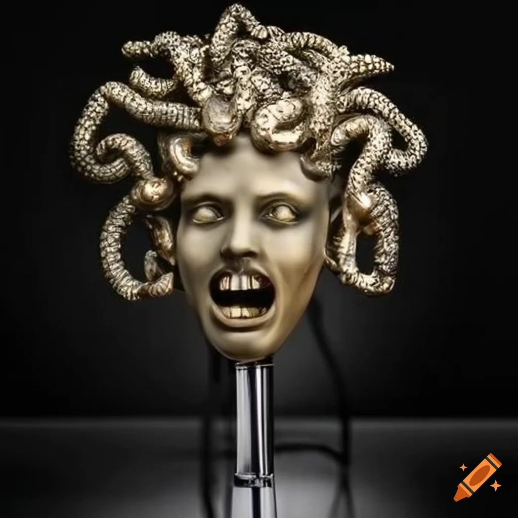 Brass glass android medusa head with wires and led lights on Craiyon
