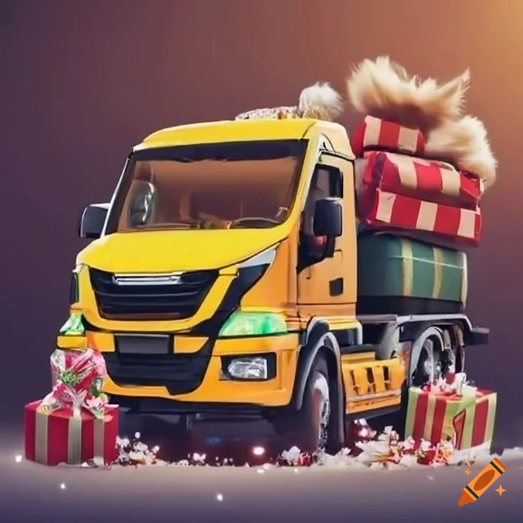 Christmas themed yellow Iveco car transporter with presents on Craiyon