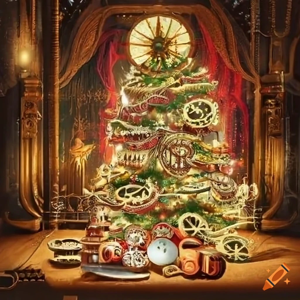 Steampunk christmas art with a christmas tree on Craiyon