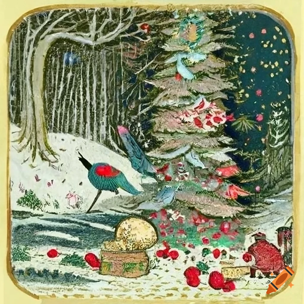 Intricate illustration of a christmas tree made of colorful feathers in ...