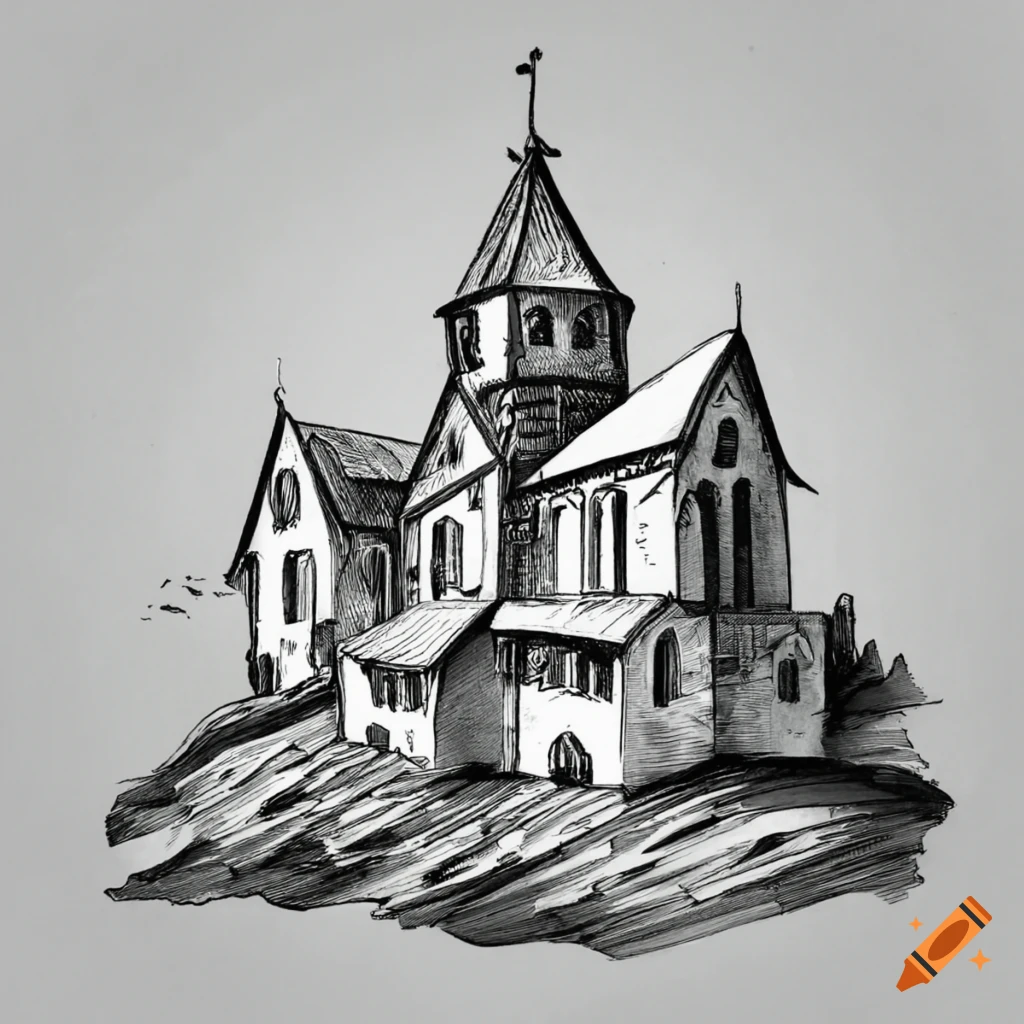 Black and white ink drawing of a Christian monastery on a cliff on an ...