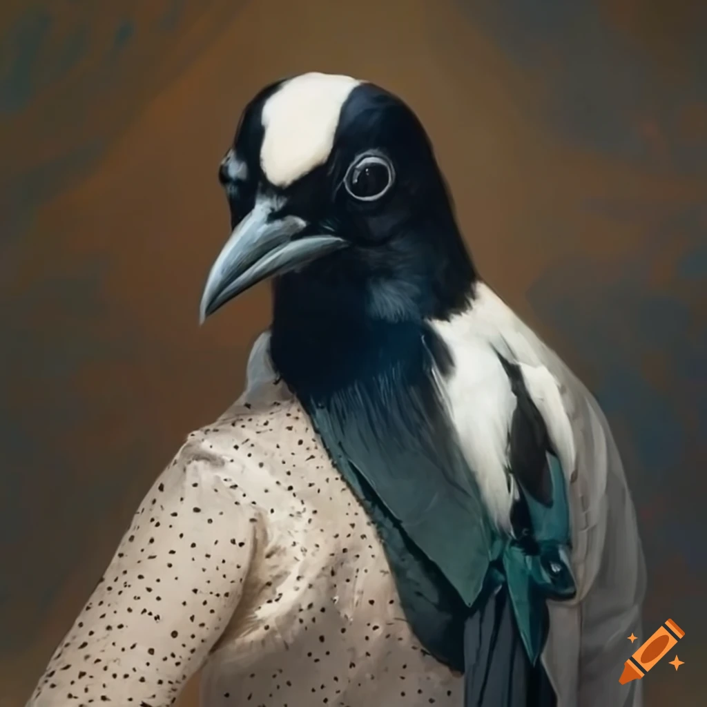 Girl with magpie head wearing shirt and tie surrounded by Australian ...