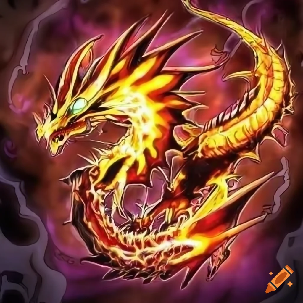Yugioh card art of a fantasy fire dragon with yellow flames on Craiyon