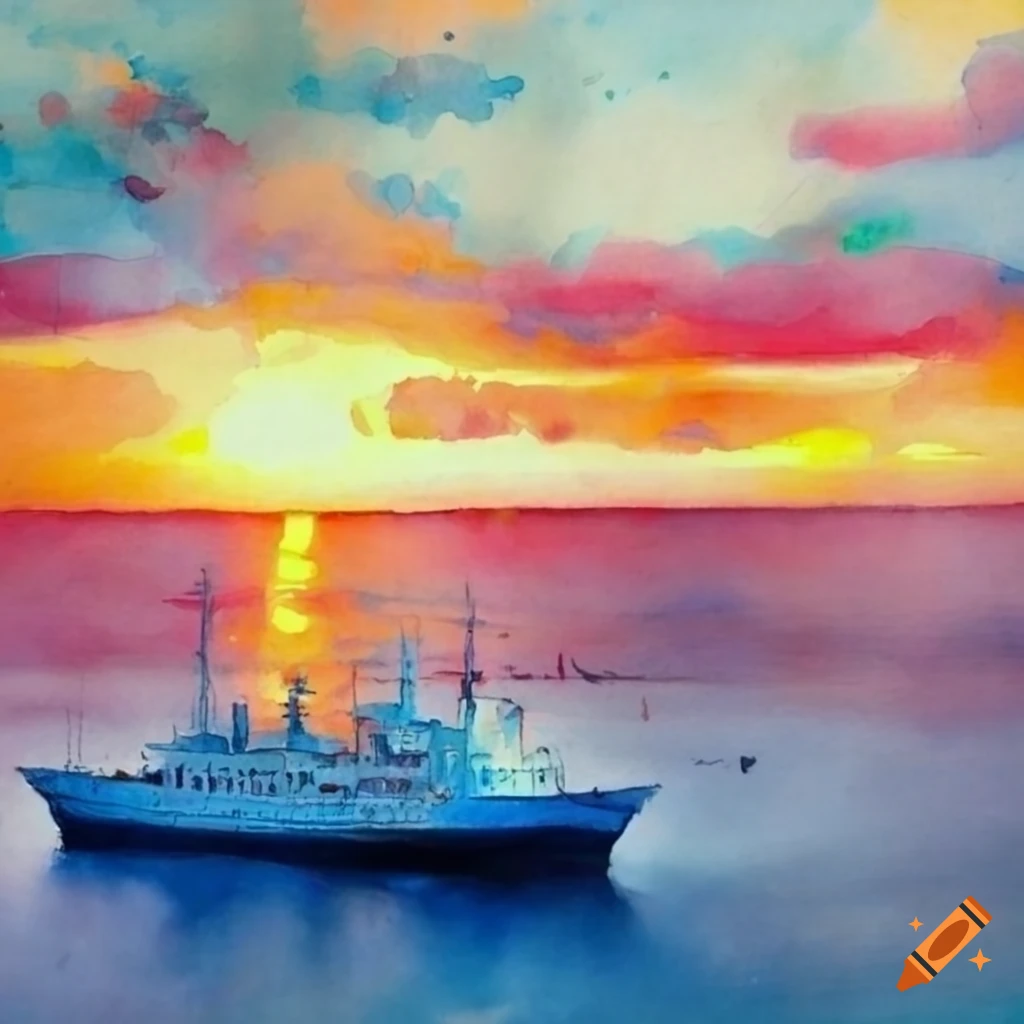Arctic ship on the sea with a sunrise in yellows and reds on Craiyon
