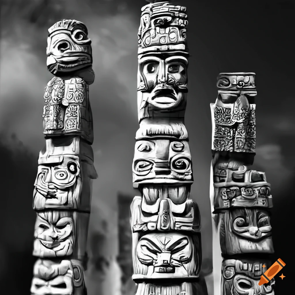 Mayan aztec grayscale ancient totem pillars on Craiyon
