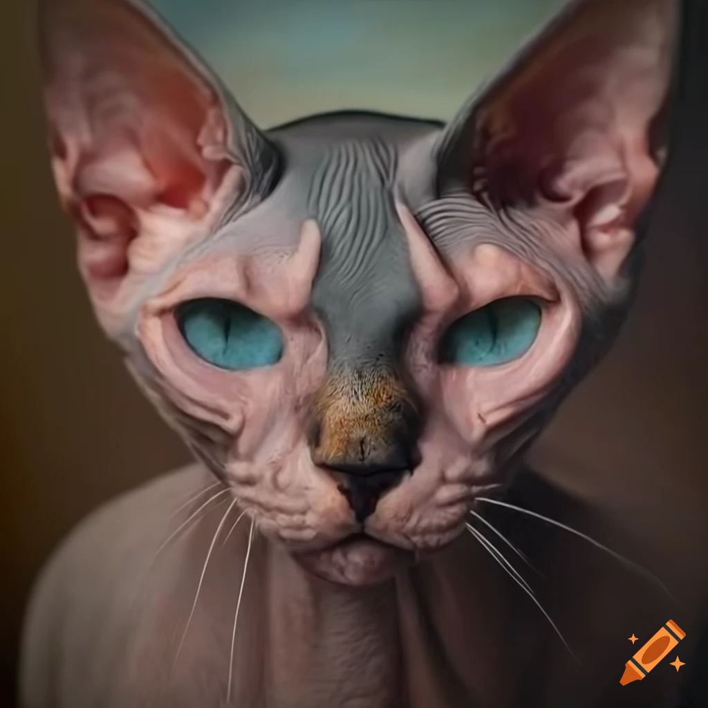 Intricately detailed close-up portrait of a Sphynx cat with a humanoid ...
