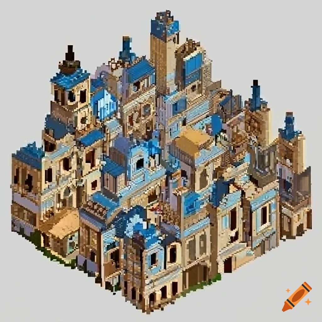Isometric pixel art of a medieval city on Craiyon