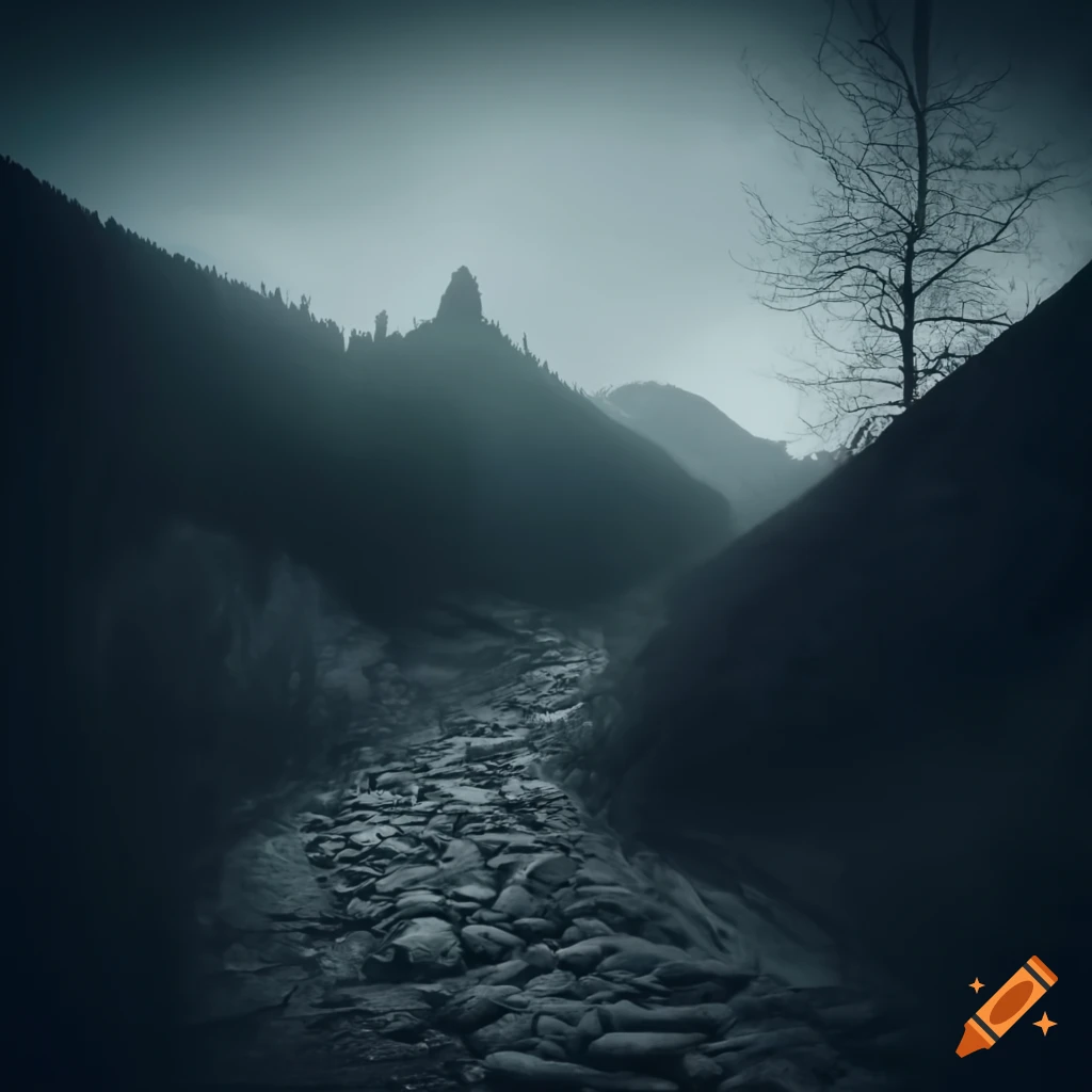 Spooky mountain trail with tombstones on either side on Craiyon