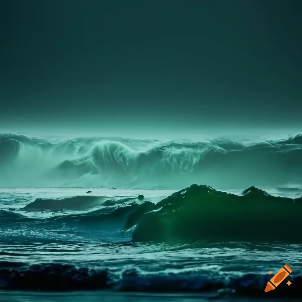 Surfers riding big waves at night in stormy green ocean on Craiyon