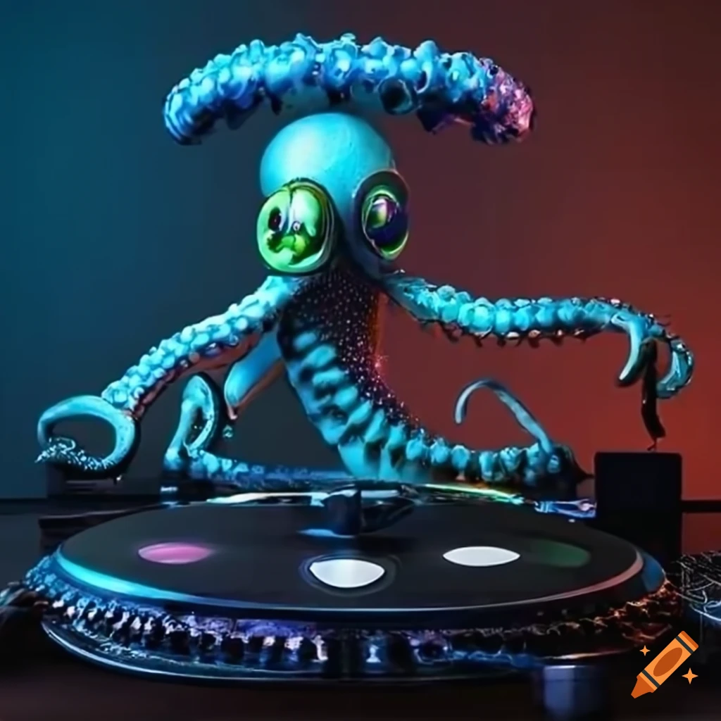 Fantasy octopus dj playing turntables on Craiyon