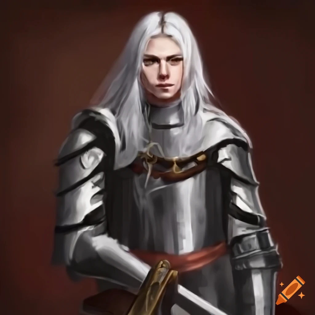 Serious young male knight with white armor and rapier on Craiyon