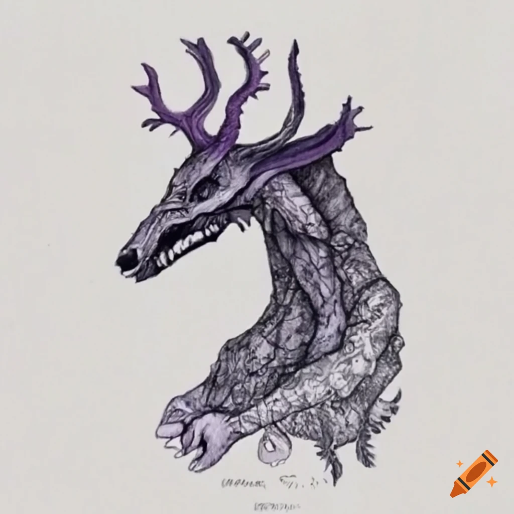 Intricate ink drawing of a wendigo with dark purple and blue antlers on ...
