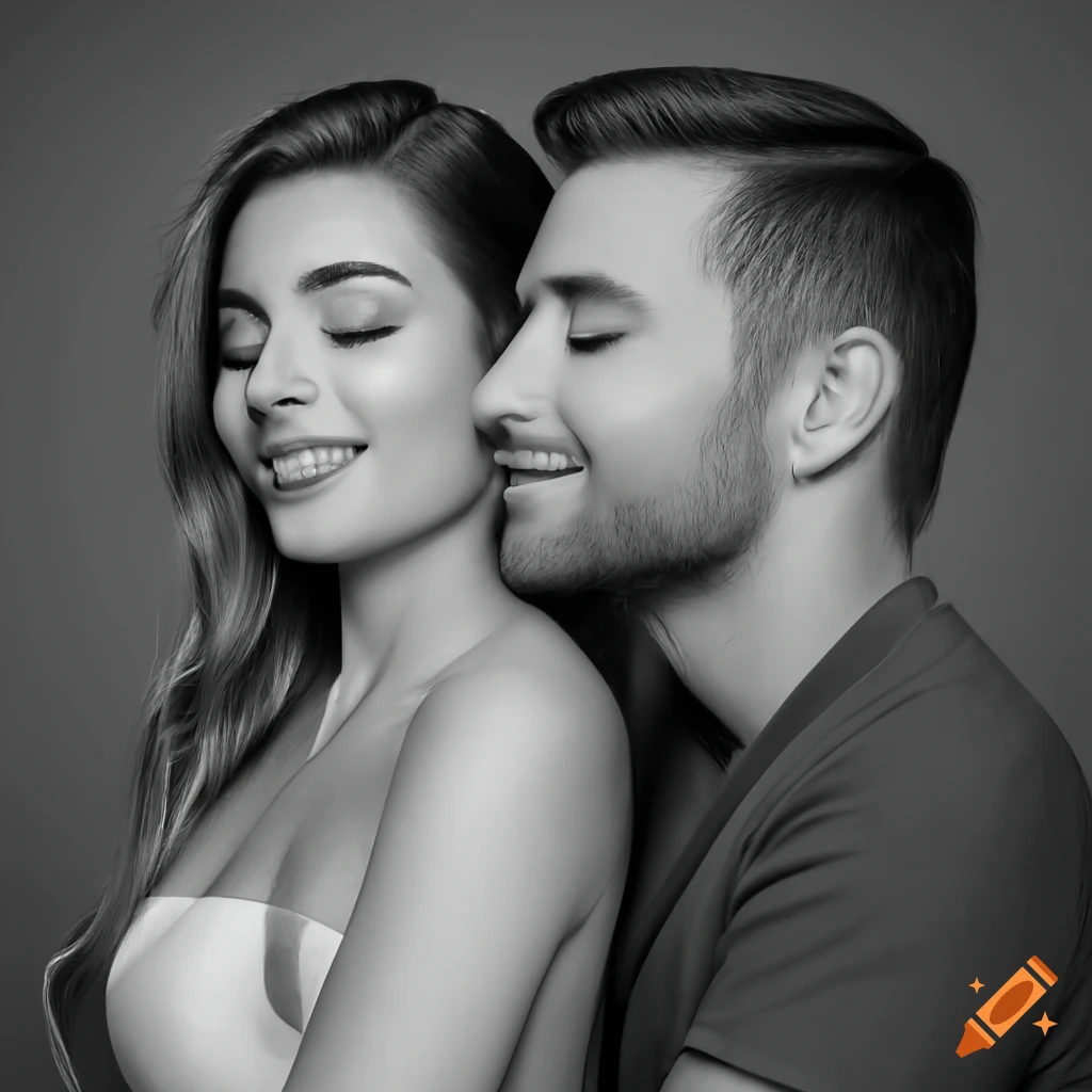 Attractive Man And Woman Leaning Against Each Other With Eyes Closed In Black And White Photo On