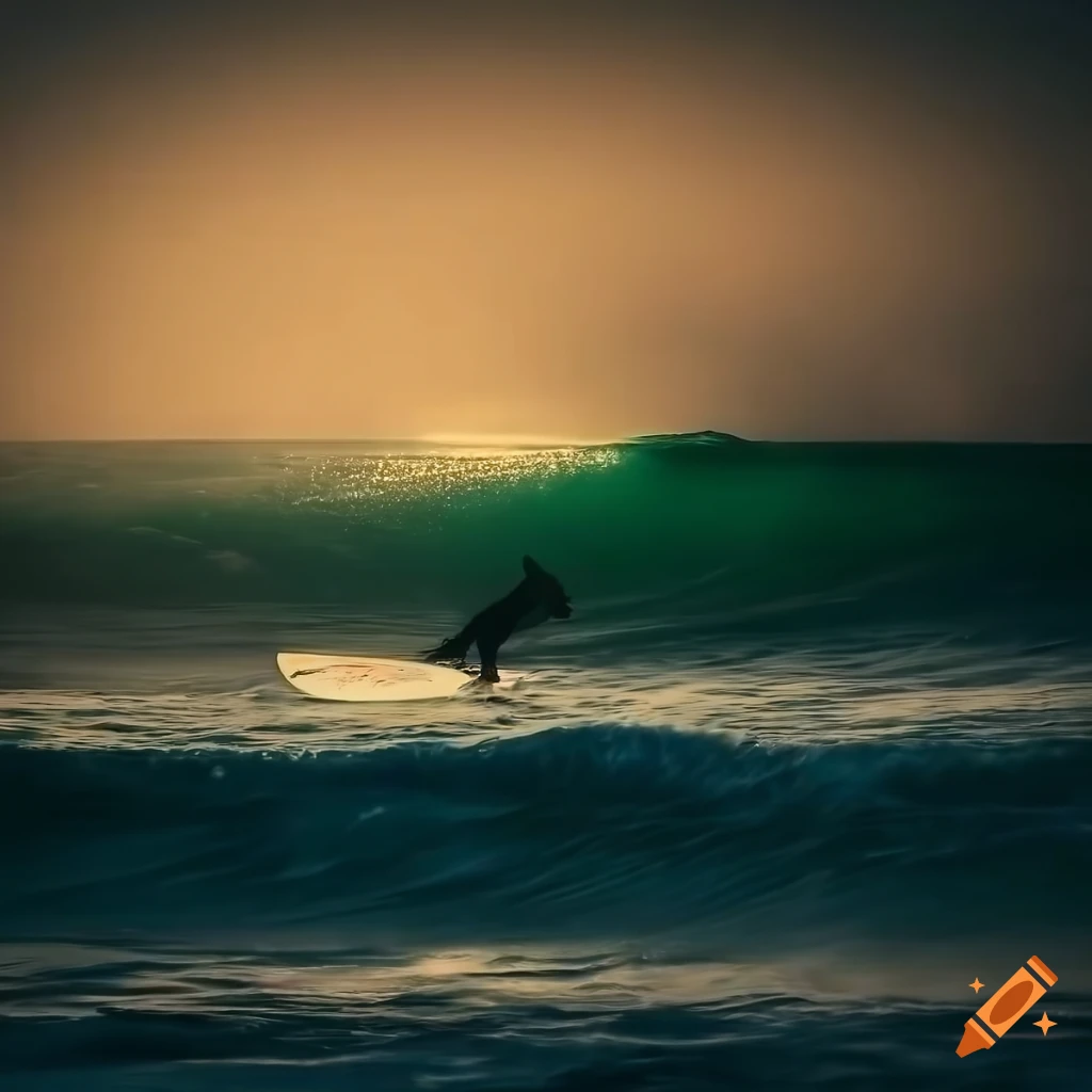 Surfers riding a wave at night under dramatic stormy backlight on Craiyon