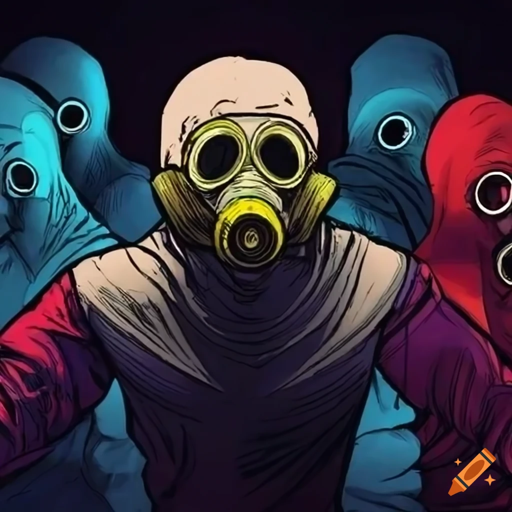 Crowd of people wearing gas masks in comic style on Craiyon