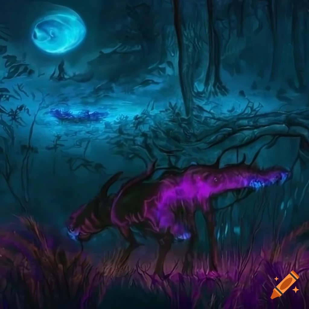 Impressionist fantasy savanna with purple grass and alien biped ...