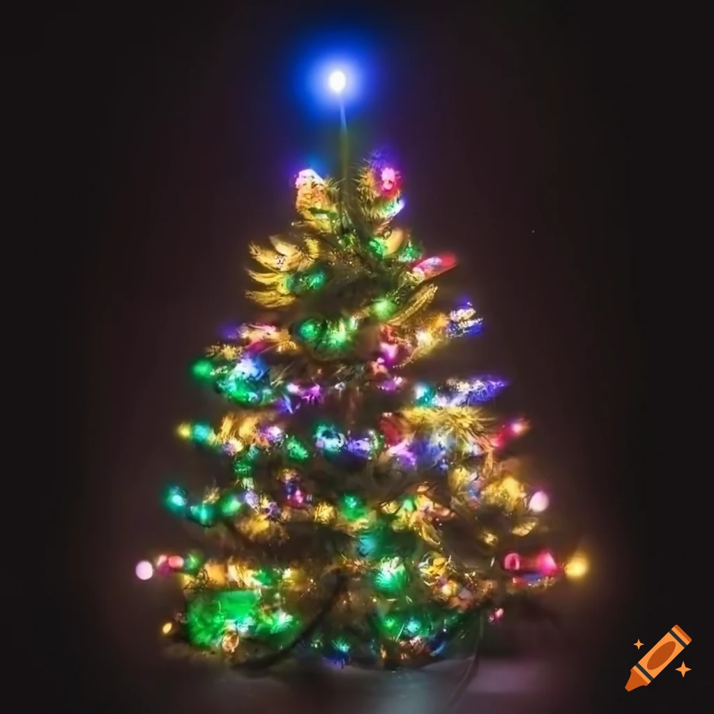Christmas tree with multicolor garland on black background on Craiyon