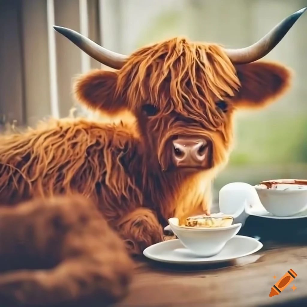 Friendly baby highland cow enjoying tea in a countryside cafe on Craiyon