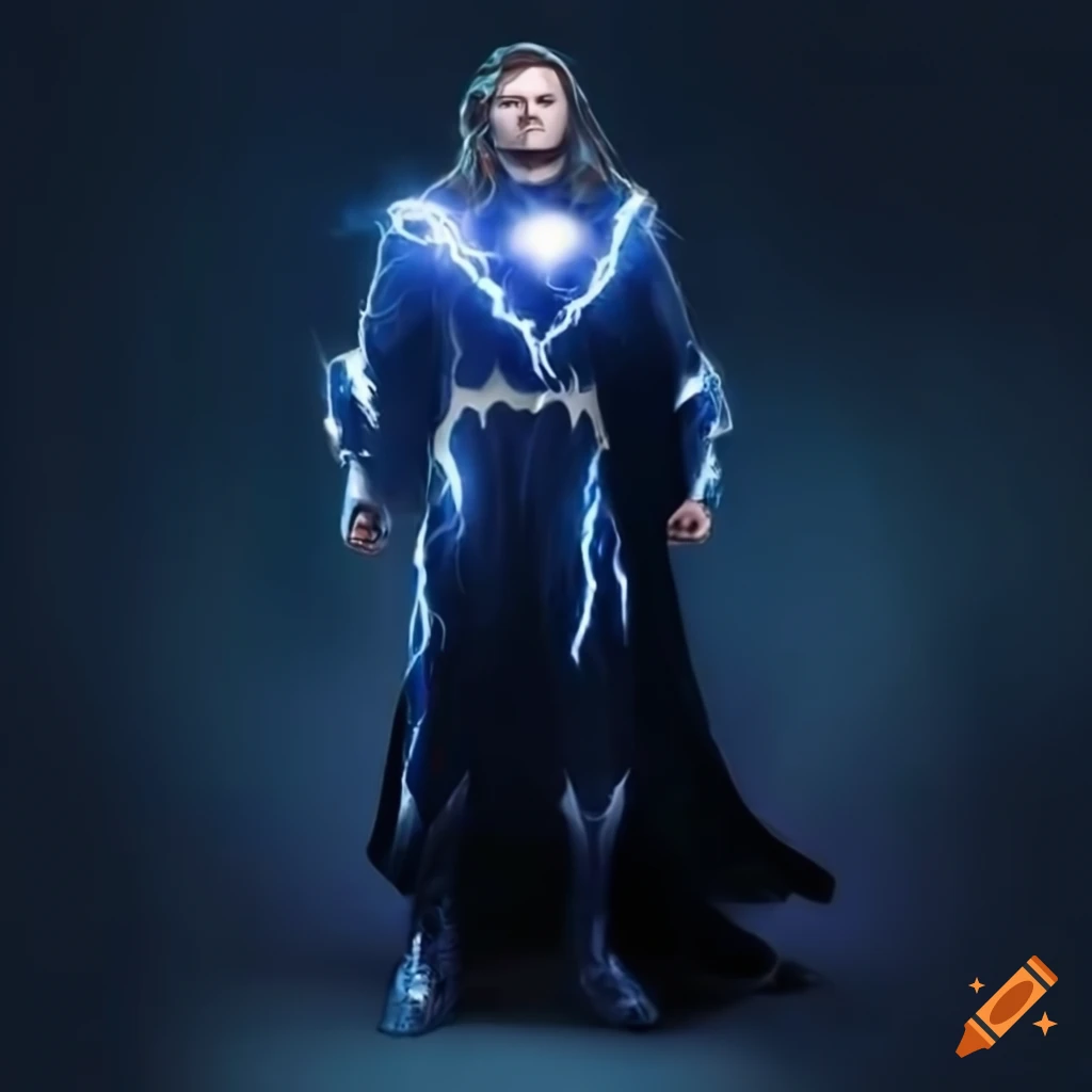 Long haired bearded male lightning superhero in dark blue and white ...