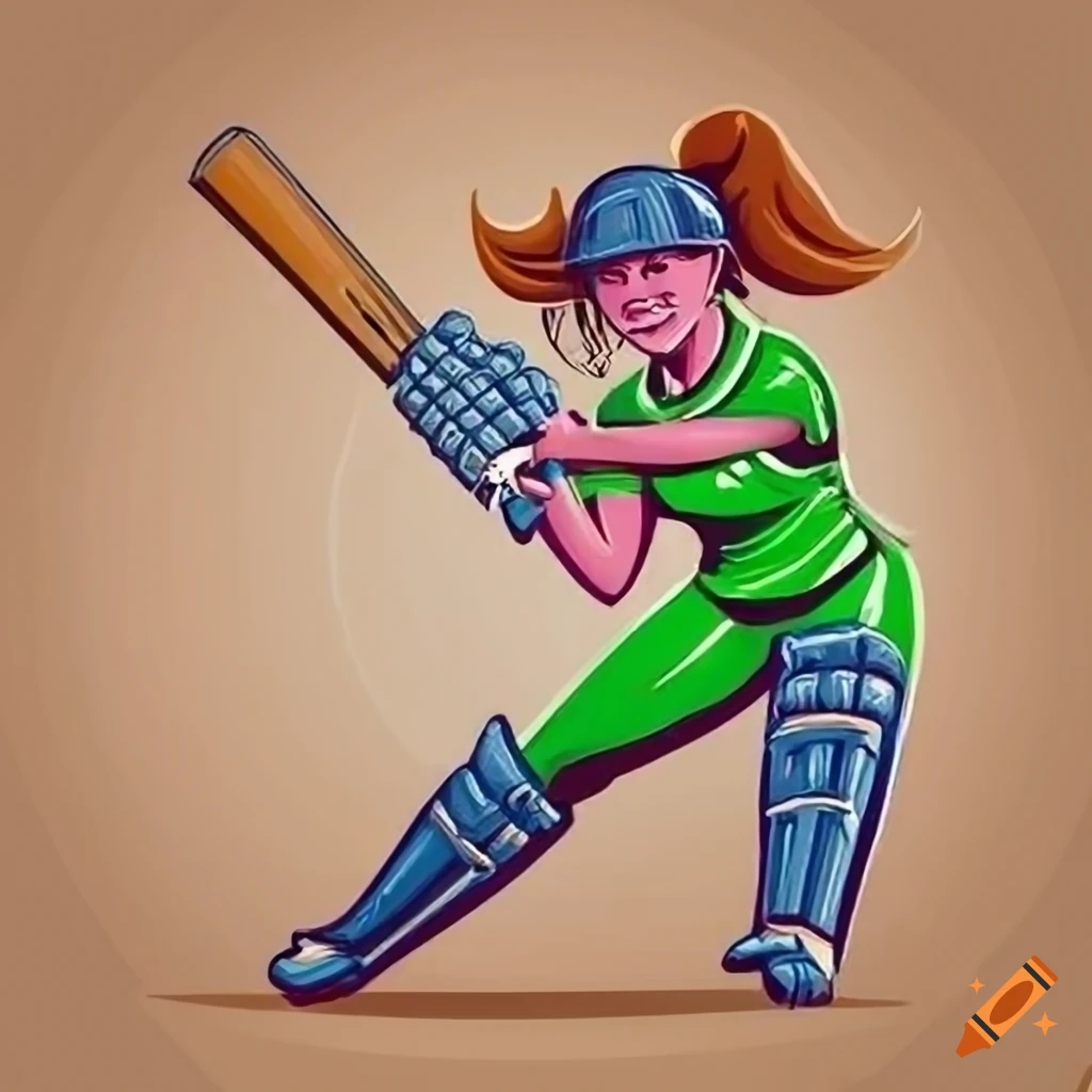 Cartoon of a female playing cricket on Craiyon