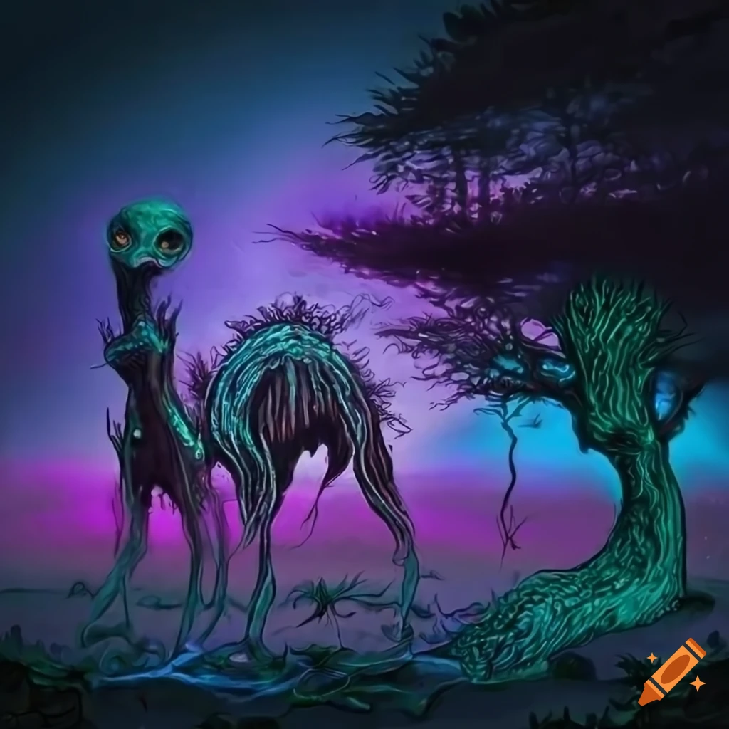 Impressionist fantasy savanna with purple grass and alien biped ...