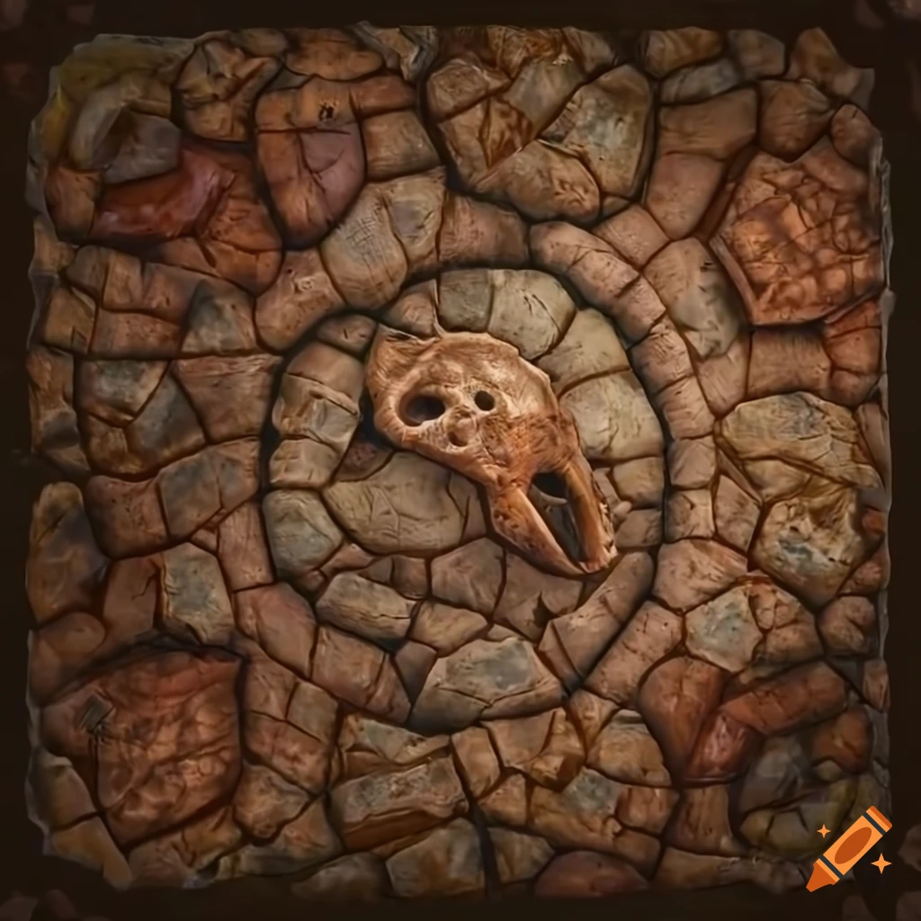Colorful mosaic texture of dinosaur skull in a dungeon sand floor ...
