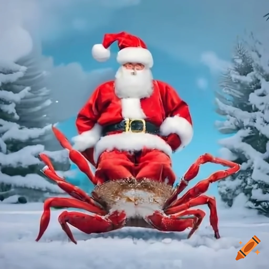 Santa eating a giant flying red crab in the snow on Christmas on Craiyon